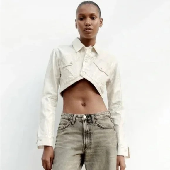 Zara | Jackets & Coats | Zara White Silver Metallic Cropped Denim ...